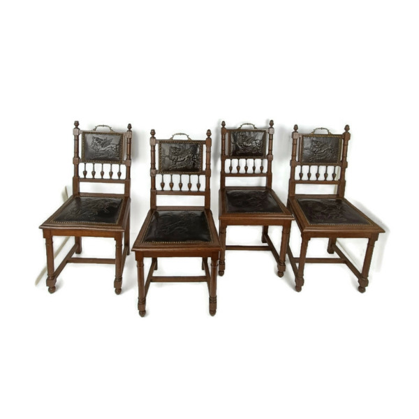 set of 4 Antique Gothic 1900s Chairs Ornate Heavy Wood Renaissance ...